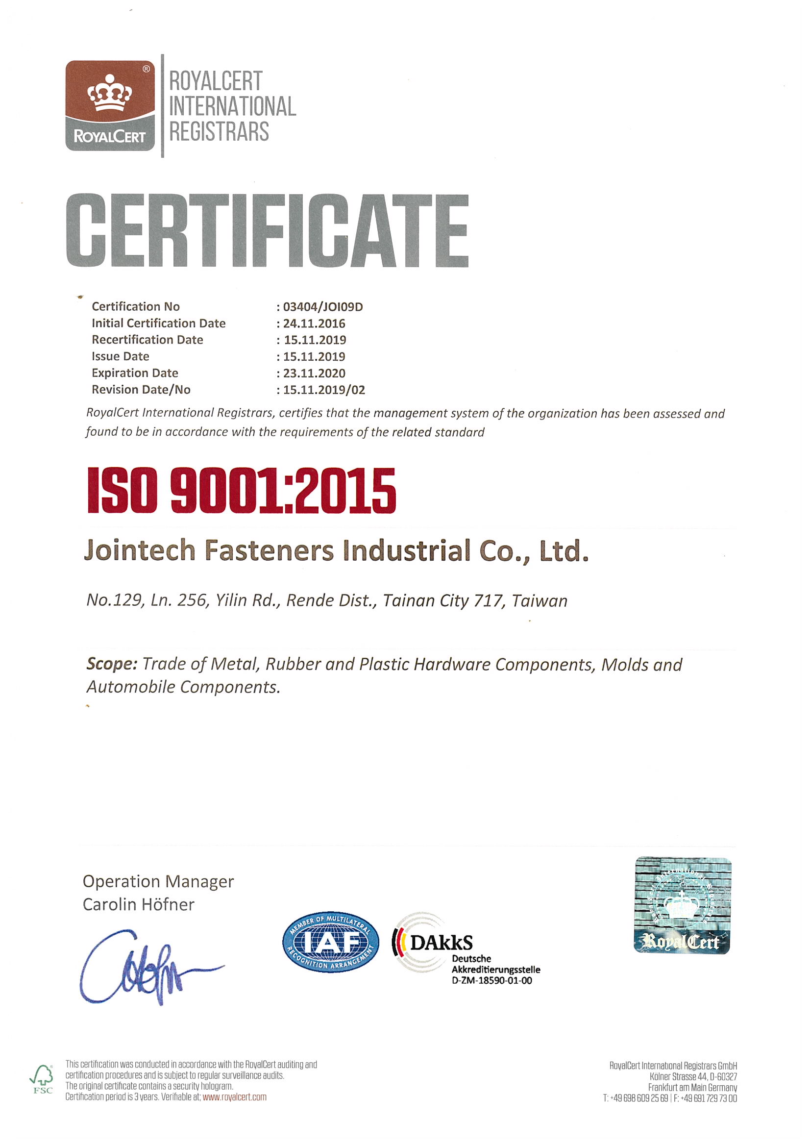 ISO CERT - Jointech Fasteners Industrial Co., Ltd.